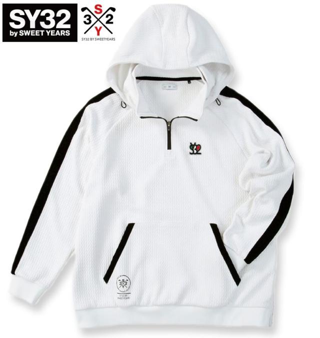 大きいサイズ SY32 by SWEET YEARS ゴルフ キルトニット ジャガード フーディー ハーフジップ ホワイト 3L 4L 5L 6L/1278-5608-1-350