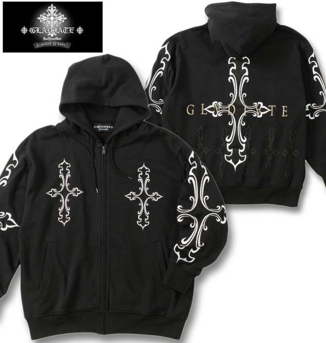 大きいサイズ GLADIATE 刺繍 裏毛 フルジップ パーカー ブラック 3L 4L 5L 6L/1258-4361-1-158