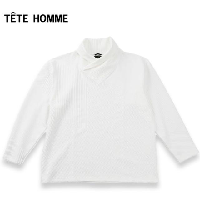 大きいサイズ TETE HOMME バイアスパネル柄 ボリュームネック 長袖 Tシャツ ホワイト 3L 4L 5L 6L/1278-5646-1-158