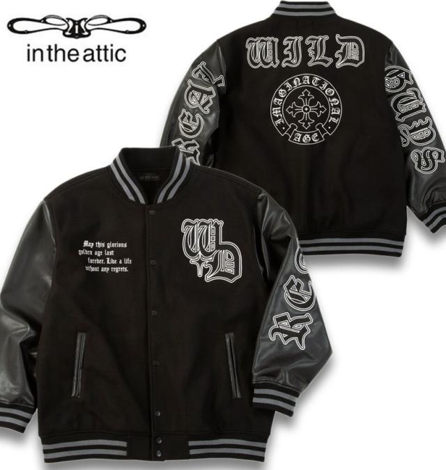 大きいサイズ in the attic 身頃フェイクメルトン 袖PU スタジアムジャンパー ブラック×ブラック 3L 4L 5L 6L/1253-5330-2-168