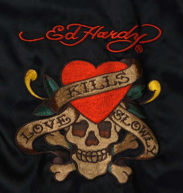大きいサイズ Ed Hardy 刺繍 スカジャン ブラック×ベージュ 3L 4L 5L 6L/1273-4120-1-268