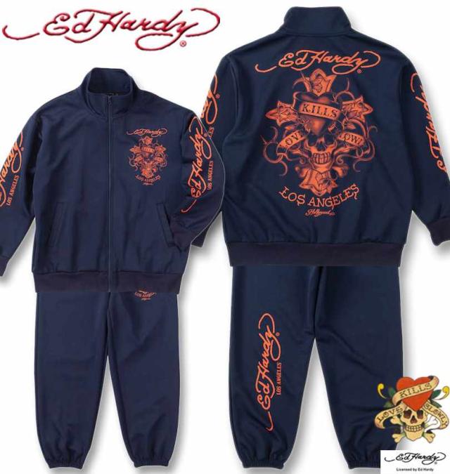大きいサイズ Ed Hardy プリント ジャージ 上下セット ネイビー 3L 4L 5L 6L/1278-4643-1-168