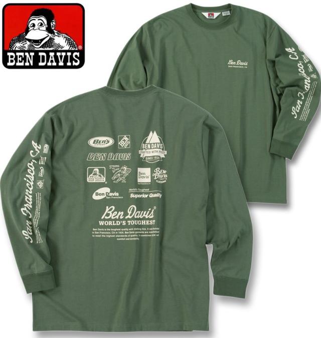 大きいサイズ BEN DAVIS スポンサードプリント 長袖 Tシャツ グリーングレー 3L 4L 5L 6L/1278-5610-1-74