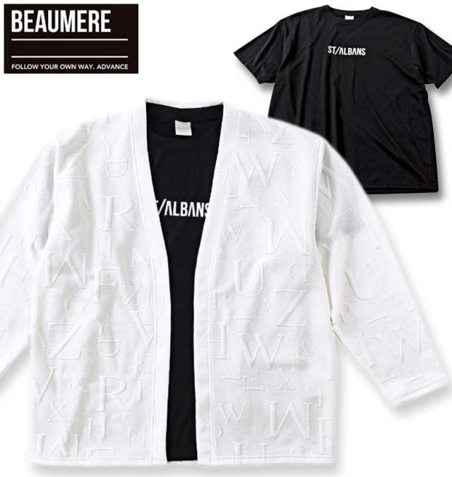 大きいサイズ BEAUMERE 膨れジャガード 長袖カーディガン+半袖Tシャツ ホワイト×ブラック 3L 4L 5L 6L/1258-3330-1-79