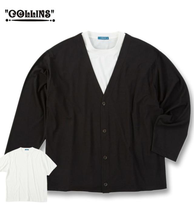 大きいサイズ COLLINS ミニワッフル 長袖 カーディガン+天竺 半袖 Tシャツ セット ブラック×ホワイト 3L 4L 5L 6L 8L/1258-5300-2-79