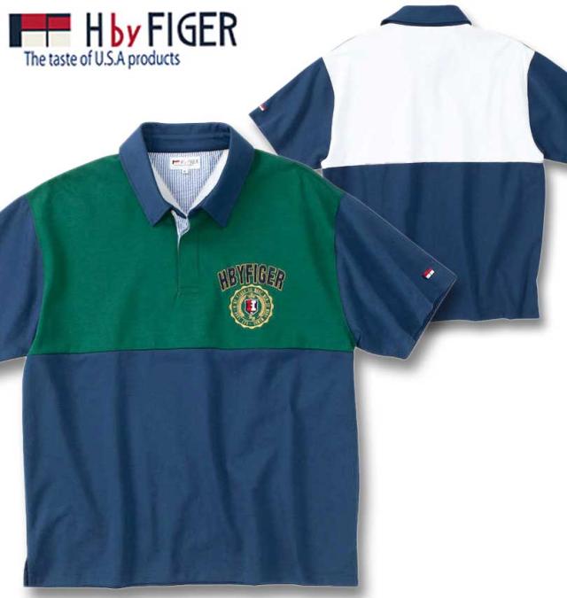 大きいサイズ H by FIGER 天竺 切替 半袖 ポロシャツ ネイビー×グリーン 3L 4L 5L 6L 8L/1268-4241-1-79