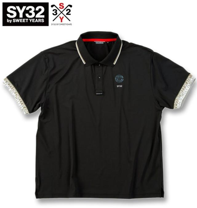 大きいサイズ SY32 by SWEET YEARS ゴルフ ライト ストレッチ ワッペン 半袖 ポロシャツ ブラック 3L 4L 5L 6L/1278-5217-2-180