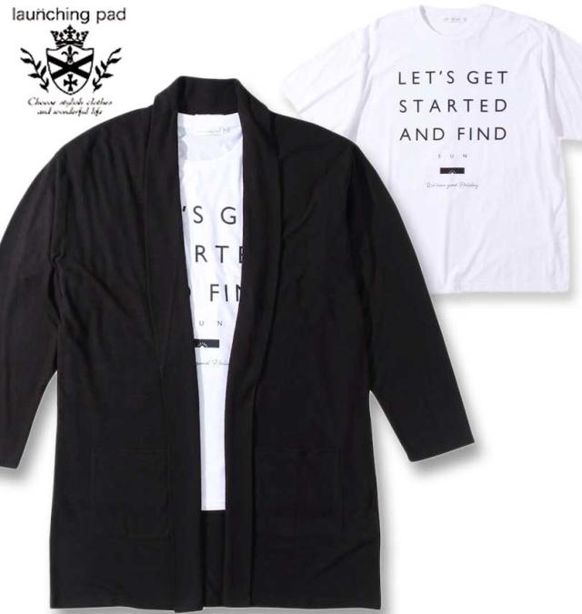 大きいサイズ launching pad コーディガン+半袖Tシャツ ブラック×ホワイト 3L 4L 5L 6L/1258-3381-2-85
