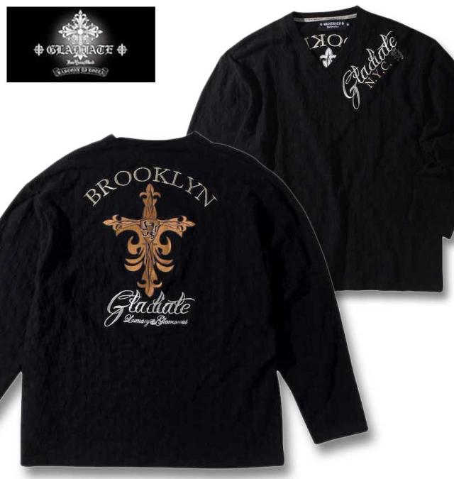 大きいサイズ GLADIATE 刺繍 ブロックジャガード 長袖 VネックTシャツ ブラック 3L 4L 5L 6L/1258-3340-2-89