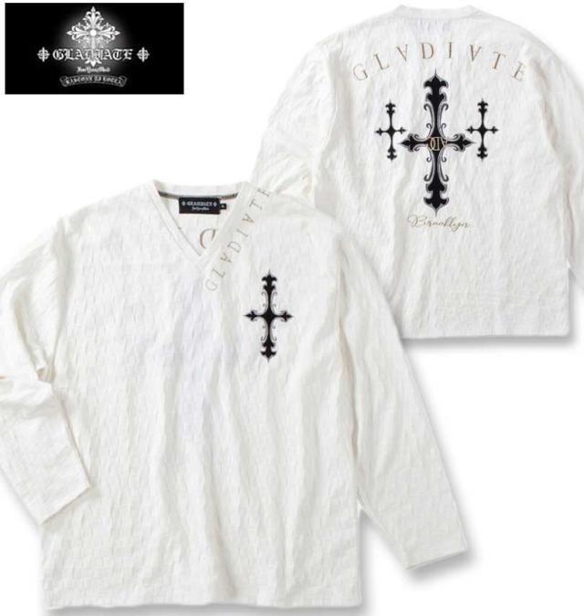 大きいサイズ GLADIATE 刺繍 ブロックジャガード 長袖 Vネック Tシャツ ホワイト 3L 4L 5L 6L/1258-4360-1-89