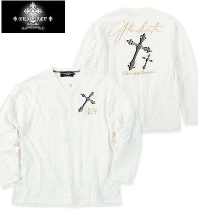 大きいサイズ GLADIATE 刺繍 ブロックジャガード 長袖 Vネック Tシャツ ホワイト 3L 4L 5L 6L/1258-5330-1-89