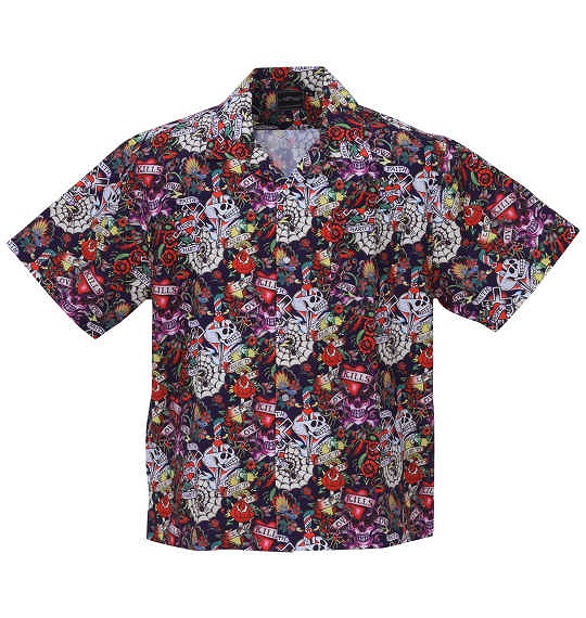 大きいサイズ Ed Hardy 接触冷感オープンカラー半袖シャツ ネイビー 3L 4L 5L 6L 8L/1277-3235-1-89