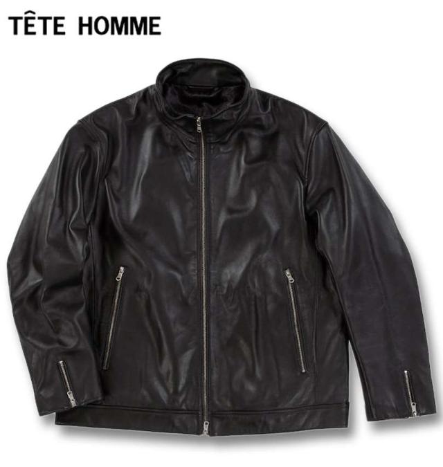 大きいサイズ TETE HOMME スタンドカラー レザーブルゾン ブラック 3L 4L 5L 6L/1273-4660-1-690