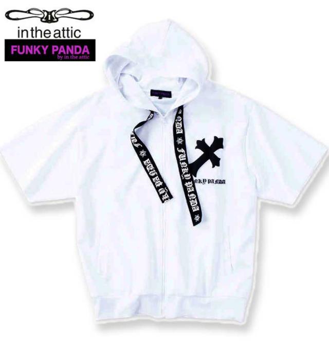 大きいサイズ FUNKY PANDA by in the attic クロスパッチ パンダ 半袖 フルジップパーカー ホワイト 3L 4L 5L 6L/1258-4201-1-98