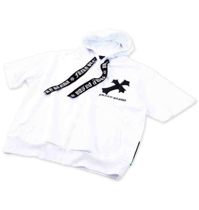 大きいサイズ FUNKY PANDA by in the attic クロスパッチ パンダ 半袖 フルジップパーカー ホワイト 3L 4L 5L 6L/1258-4201-1-98