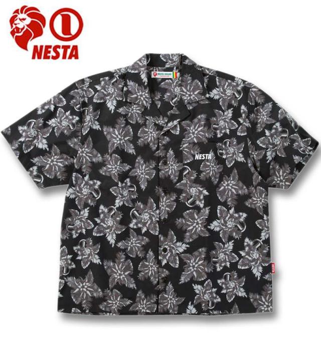 大きいサイズ NESTA BRAND ボタニカル柄 オープンカラー 半袖シャツ ブラック 3L 4L 5L 6L 8L/1277-5216-2-98