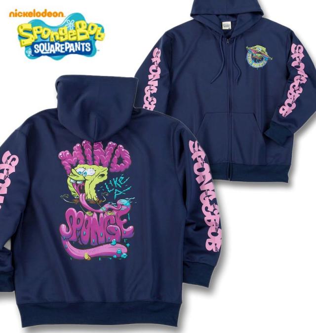 大きいサイズ SPONGEBOB ダンボールニット プリント フルジップ パーカー ネイビー 3L 4L 5L 6L/1278-5626-1-98