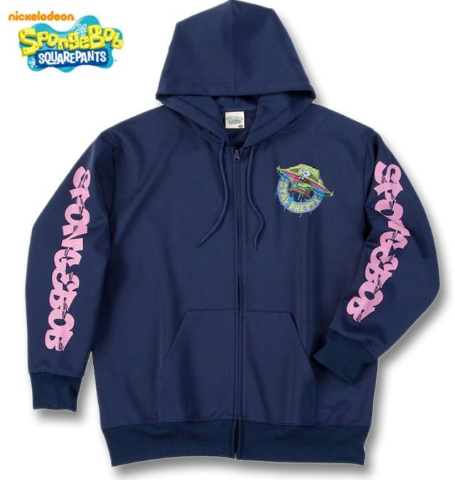 大きいサイズ SPONGEBOB ダンボールニット プリント フルジップ パーカー ネイビー 3L 4L 5L 6L/1278-5626-1-98