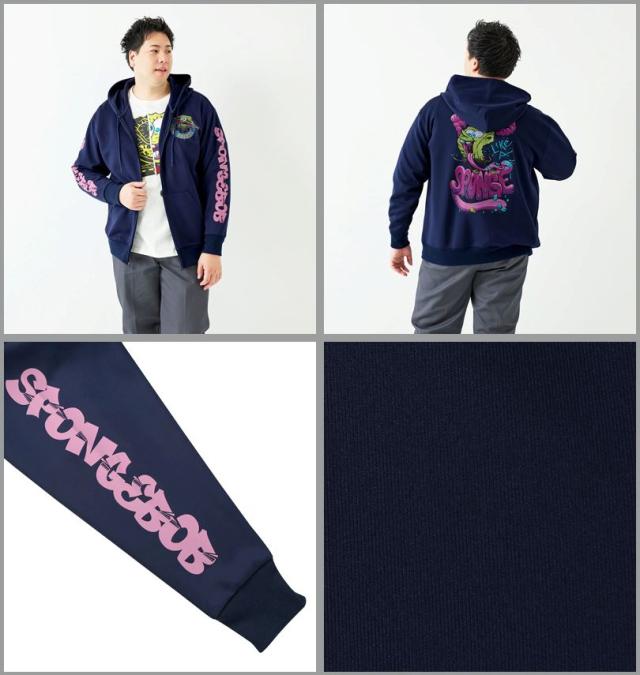 大きいサイズ SPONGEBOB ダンボールニット プリント フルジップ パーカー ネイビー 3L 4L 5L 6L/1278-5626-1-98