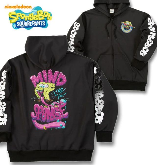 大きいサイズ SPONGEBOB ダンボールニット プリント フルジップ パーカー ブラック 3L 4L 5L 6L/1278-5626-2-98