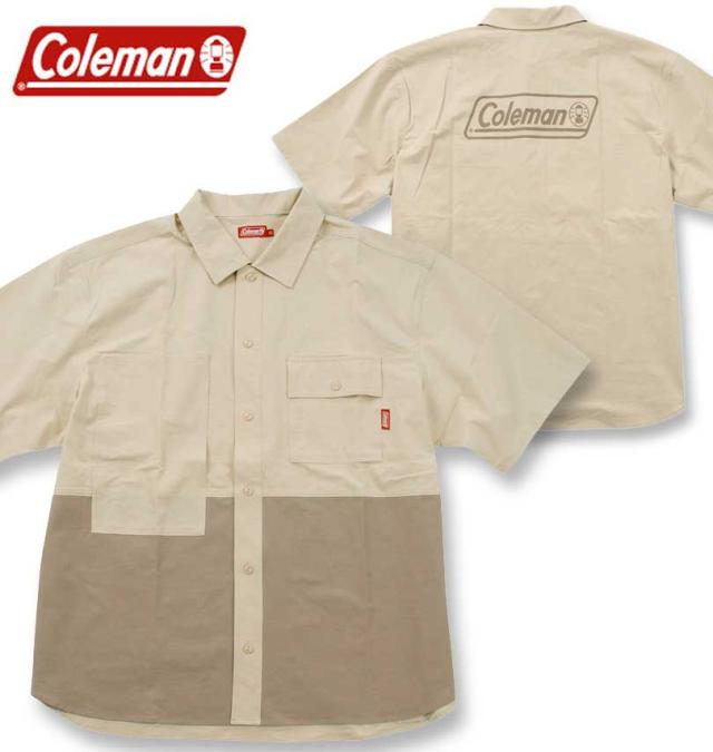 大きいサイズ Coleman ストレッチナイロン リップストップ バイカラー 半袖シャツ ベージュ 3L 4L 5L 6L 7L 8L/1277-4270-1-99