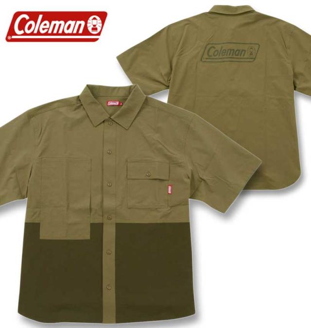 大きいサイズ Coleman ストレッチナイロン リップストップ バイカラー 半袖シャツ カーキ 3L 4L 5L 6L 7L 8L/1277-4270-2-99