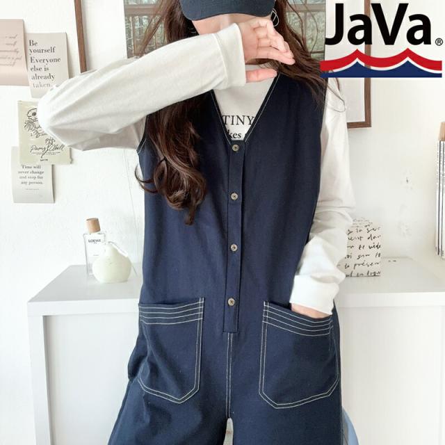 クラシカルエルフ 春新作 javaジャバコラボ オールインワン レディース 空紡糸 綿100％ カットソー 配色 ステッチ V ネック ゆったり ワイドシルエット 体型カバー レイヤードコーデ ...