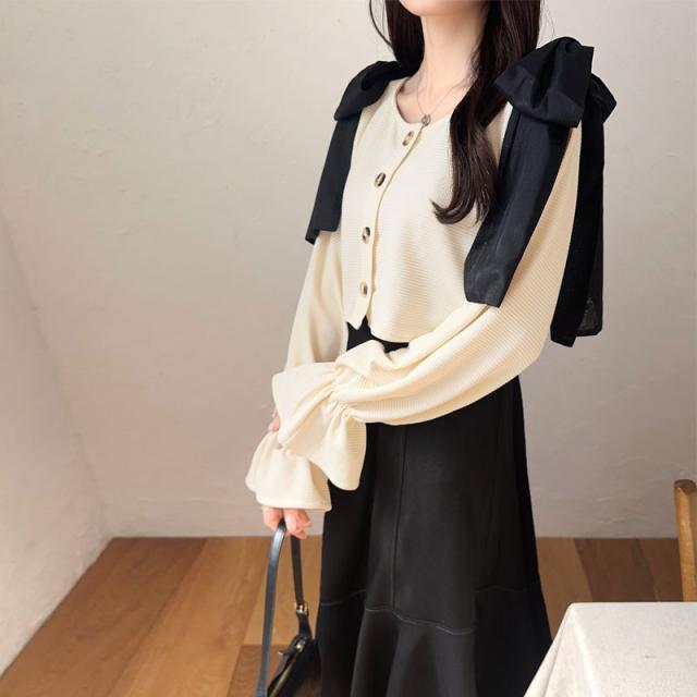 クラシカルエルフ冬新作 mily bilet トップス カーディガン ワンピース レディース 2way リボン 微配色 シャイニーリボン 肩スリット キャミワンピ マーメイド ワッフル素材 セット  大きいサイズ 2024aw  mi1139056