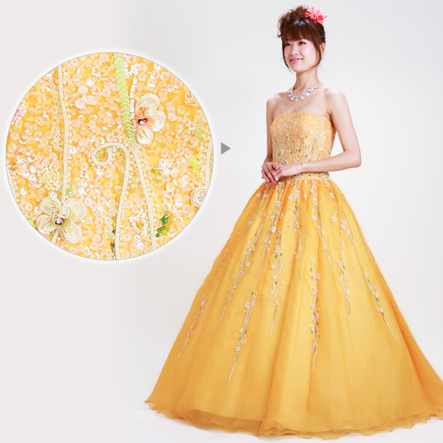 カラードレス レンタル 7号-11号 プリンセスライン オレンジ お色直し