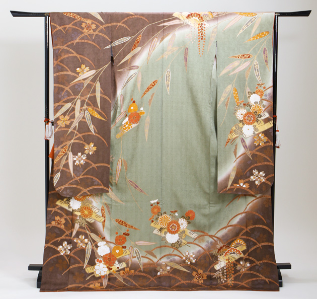 成人式 1月使用 振袖 レンタル 緑・茶色 色どり笹に花いかだ NT-168