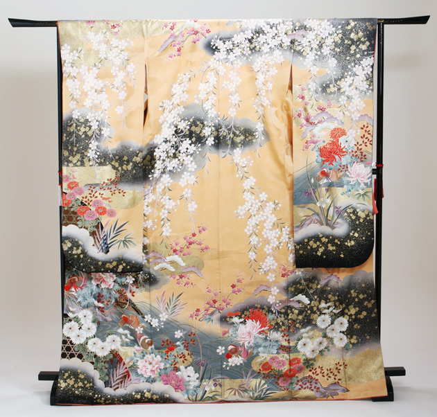 振袖 2月〜12月使用 振袖 レンタル ゴールド色 おしどりに四季花 NT