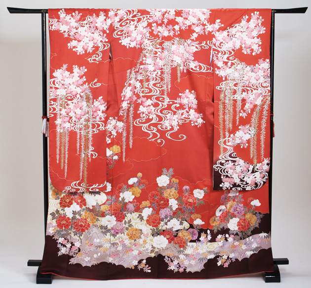 成人式 1月使用 振袖 レンタル 赤色 流水に桜・ぼたん NT-201-sei 送料
