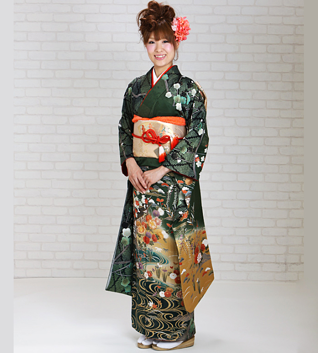 振袖 2月〜12月使用 振袖 レンタル 緑・黒色 流水に四季花 NT-