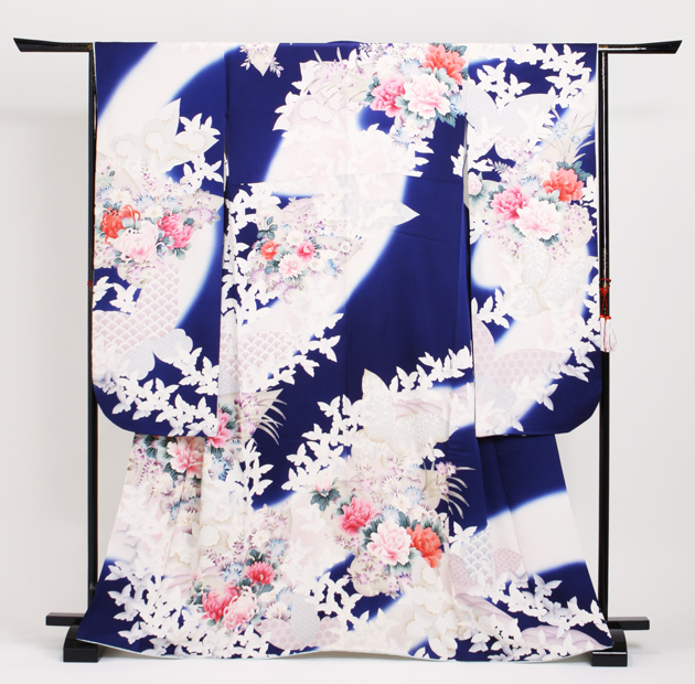 成人式 1月使用 振袖 レンタル 紺色 牡丹に蝶 NT-81-sei 送料無料の