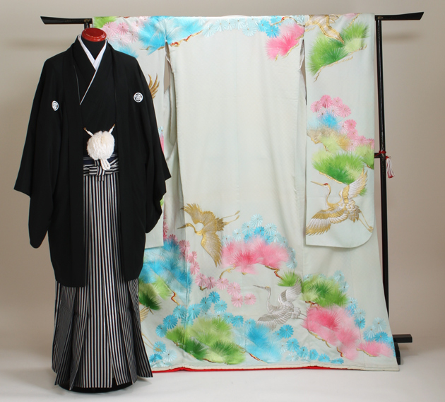 引き振袖レンタル 薄緑 色振袖 黒引き振袖 NT-194 パステル 花嫁 送料