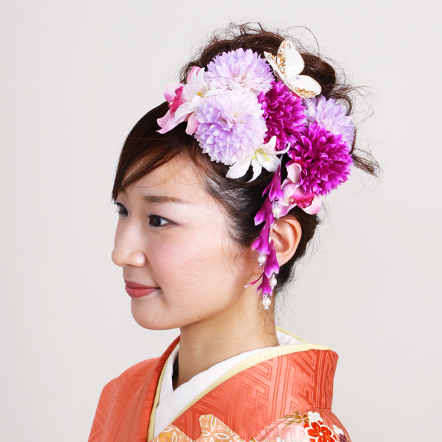 【髪飾り】【販売品】お花 パープル 蝶 パール アクセ 結婚式 髪かざり-b17