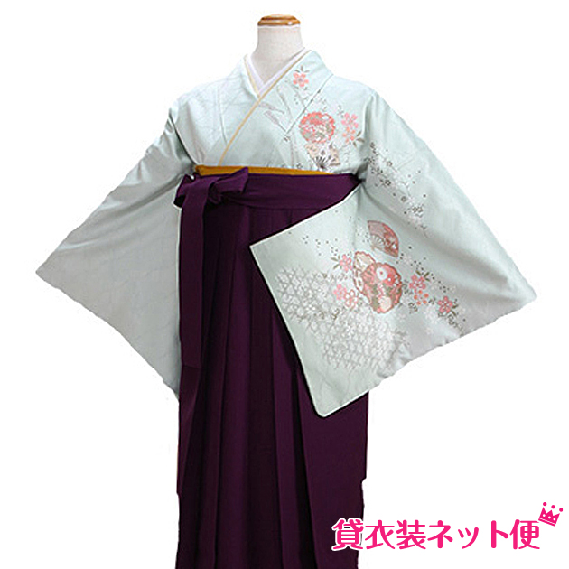 卒業式 袴セット 袴セットレディース 卒業式 袴 レンタル グレーグリーン色 扇面に桜 送料無料 FAGH104