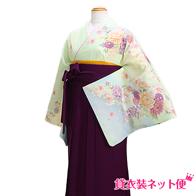 卒業式 袴セット 袴セットレディース 卒業式 袴 レンタル 黄緑色・うすグレー色 ぼたんに藤 送料無料 FAGH183