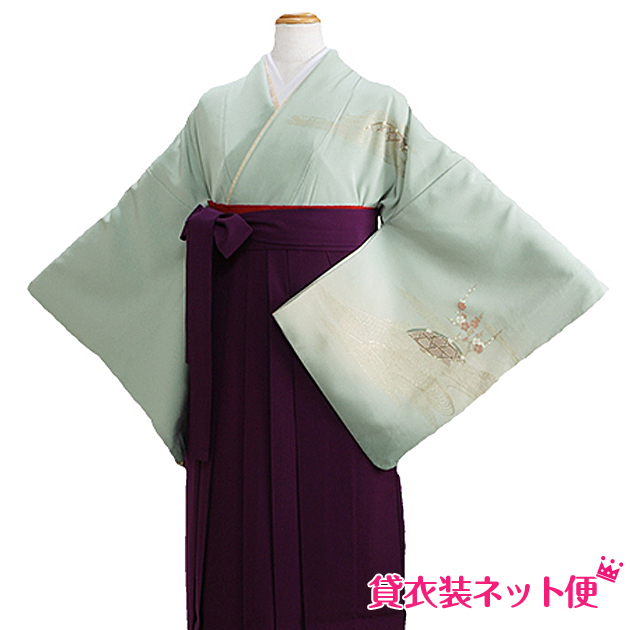 卒業式 袴セット 正絹 袴セットレディース 卒業式 袴 レンタル グレーグリーン色 送料無料 FAGH032