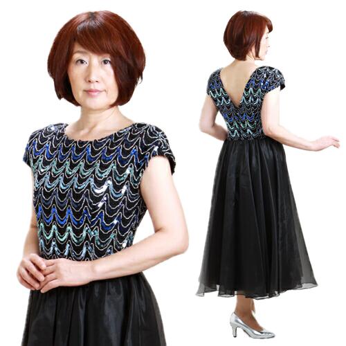 フォーマルドレス レンタル 結婚式 9号-11号 黒/ブルー ワンピース 613888-2 母親 ドレス 服装 母 叔母 衣装 50代 60代