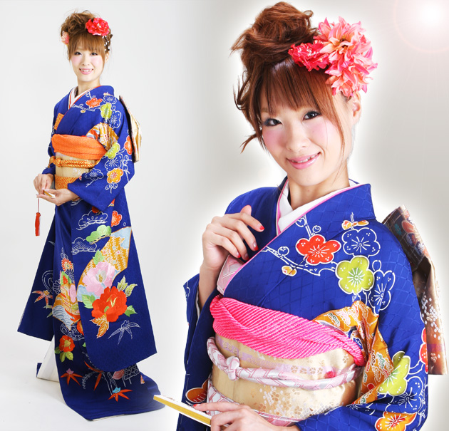 引き振袖レンタル 紺 色振袖 黒引き振袖 NT-67 花柄 花嫁 送料無料