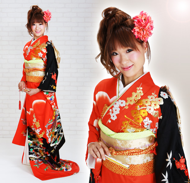 引き振袖レンタル 赤黒 色振袖 黒引き振袖 NT-100 花嫁 送料無料