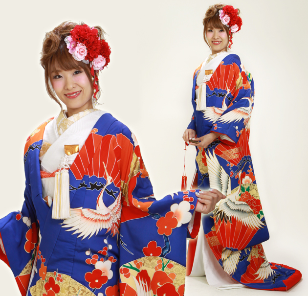 打掛 レンタル 色打掛 青色 扇面に鶴 NT-118 送料無料