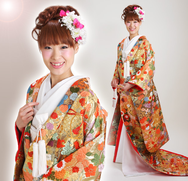 打掛 レンタル 色打掛 金色 唐織虫籠に百花秋草文 NT-723 送料無料