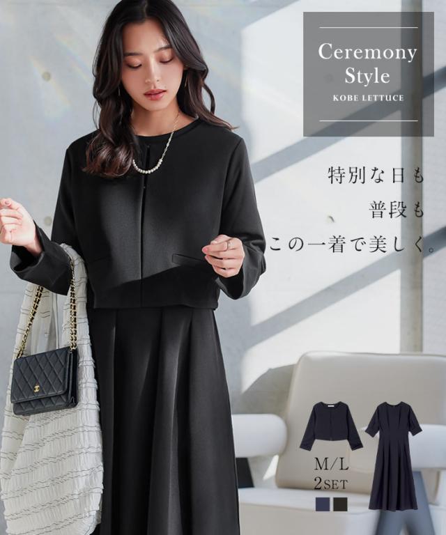 [ セレモニー ] 2点セット ウエストタックワンピーススーツ X504 一部予約 ワンピーススーツ スーツ ワンピース ワンピ 半袖 タックワンピース ウエストタックワンピース 長袖 ジャケット 丸首 コンパクト M L 着痩せ 華奢見え
