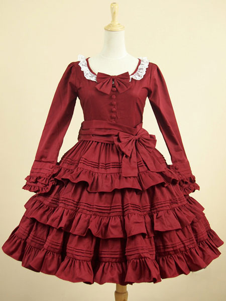 ロリィタ服　ワインレッド　無地　カジュアル　ラウンドネック　リボン　長袖　ドレス
