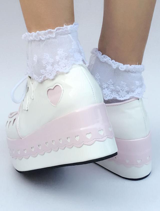 ロリィタ靴 ホワイト 丸いつま先 PU ハート柄