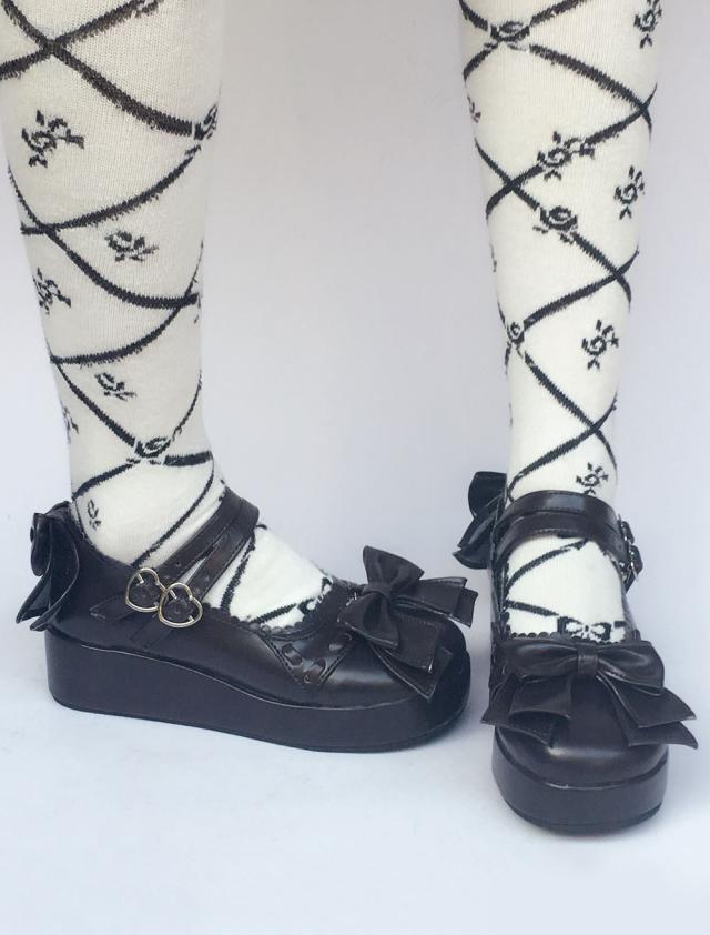 ロリィタ靴　ロイヤルブルー　リボン柄　PU　丸いつま先　ストリートウェア