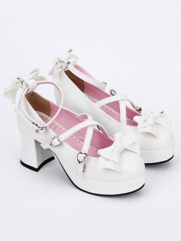 ロリィタ靴 ホワイト リボン柄 PU 丸いつま先 ストリートウェア その他