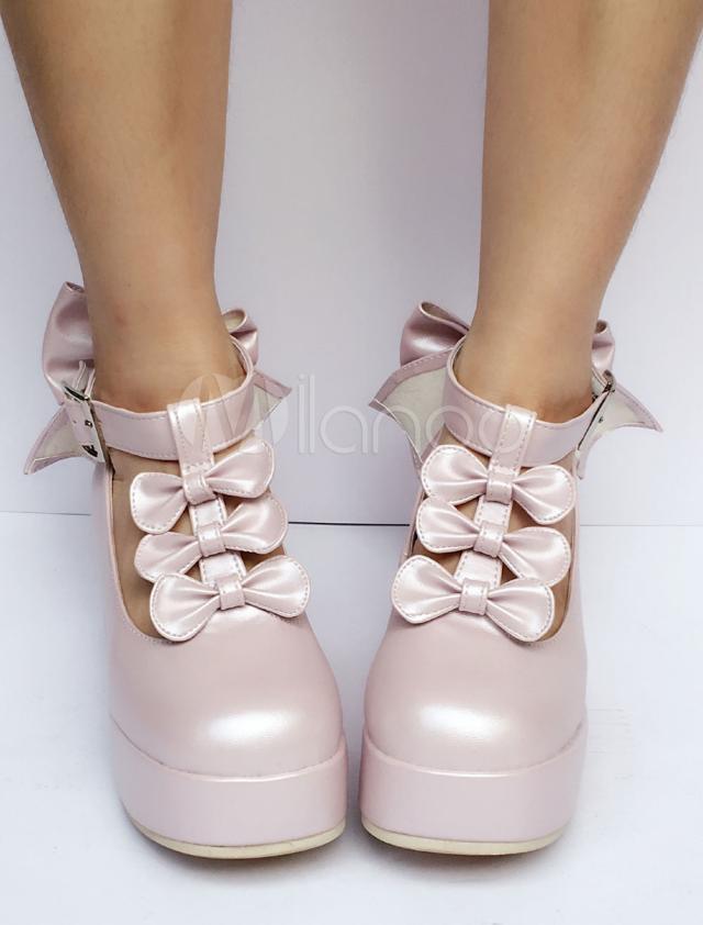ロリィタシューズ　パールピンク　リボン柄　PU　丸いつま先　ストリートウェア